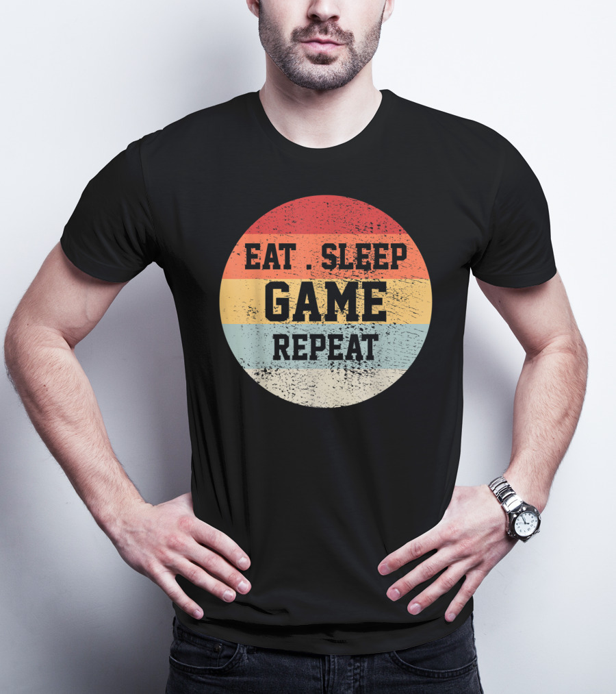 Eat Sleep Game Repeat Vintage Retro Stripes T-Shirt