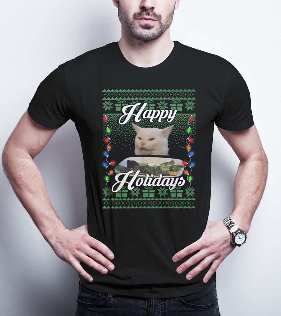 Happy Holidays Cat Meme With Festive Lights And Green Gift T-Shirt