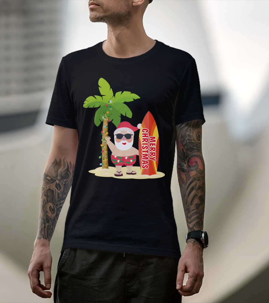 Merry Christmas Hawaiian Funny Ugly Cute Surfing Santa Holiday T-Shirt