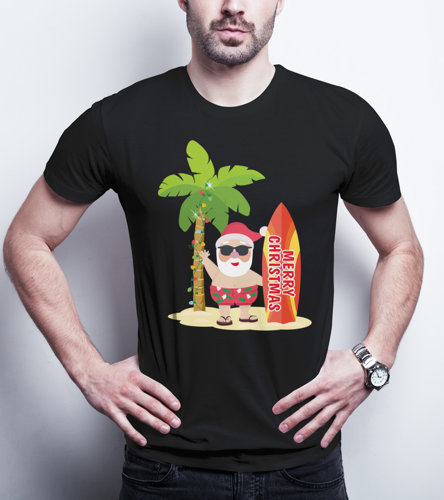 Merry Christmas Hawaiian Funny Ugly Cute Surfing Santa Holiday T-Shirt