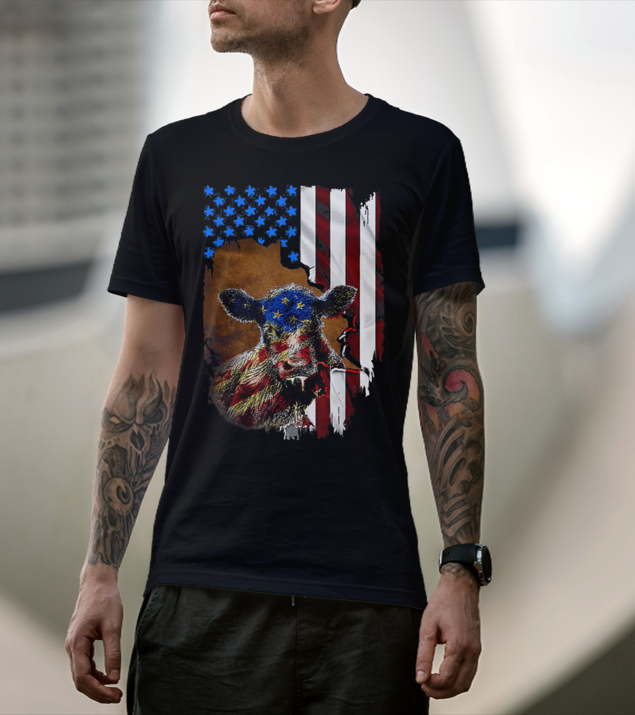 Heifer American Flag Farmer Cow Cattle July 4 T-Shirt