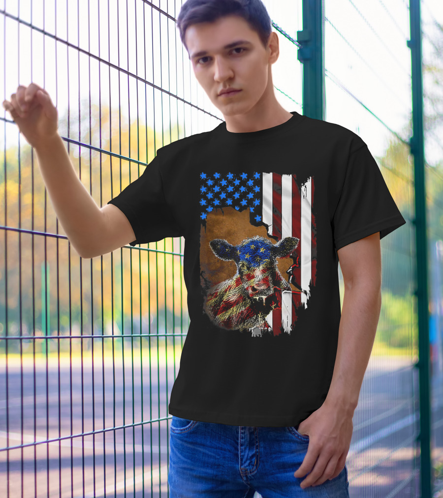 Heifer American Flag Farmer Cow Cattle July 4 T-Shirt