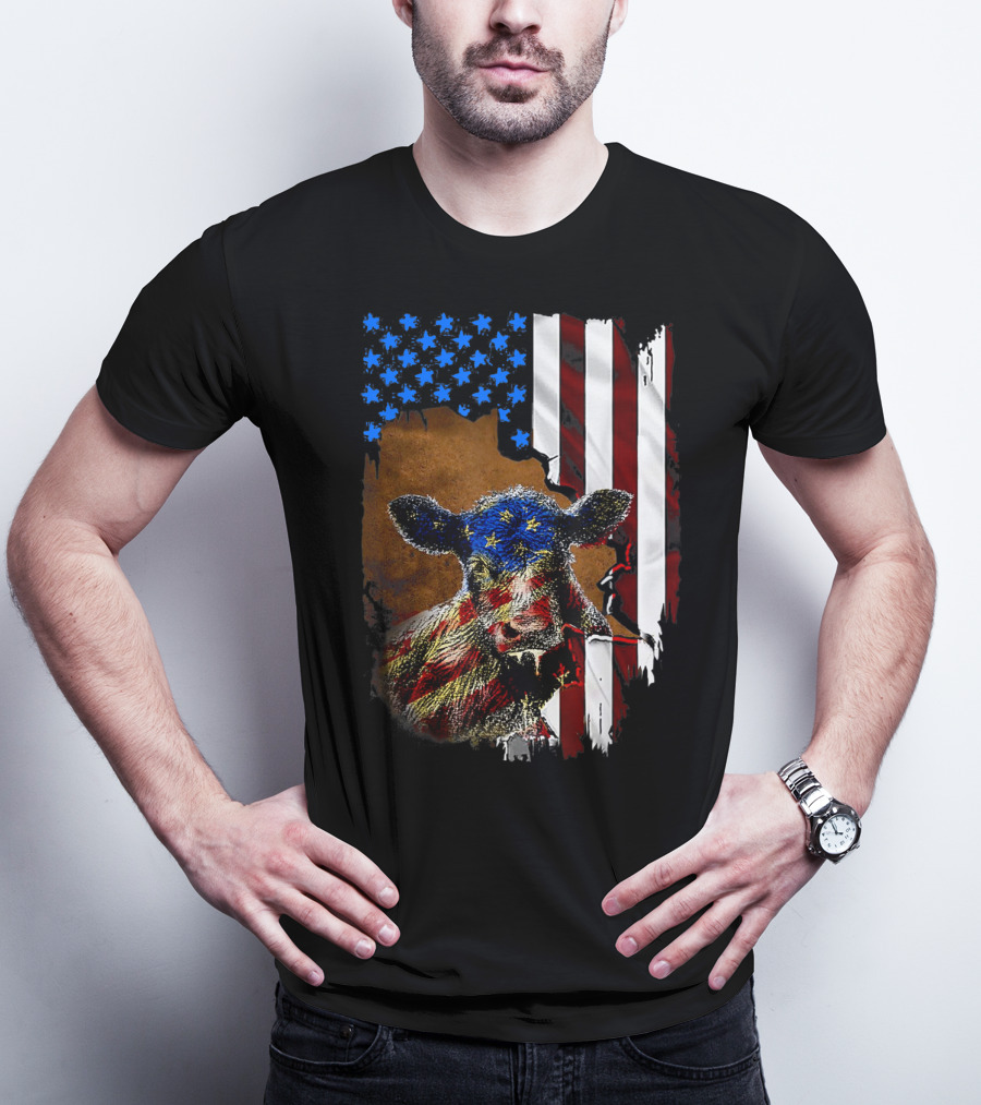 Heifer American Flag Farmer Cow Cattle July 4 T-Shirt