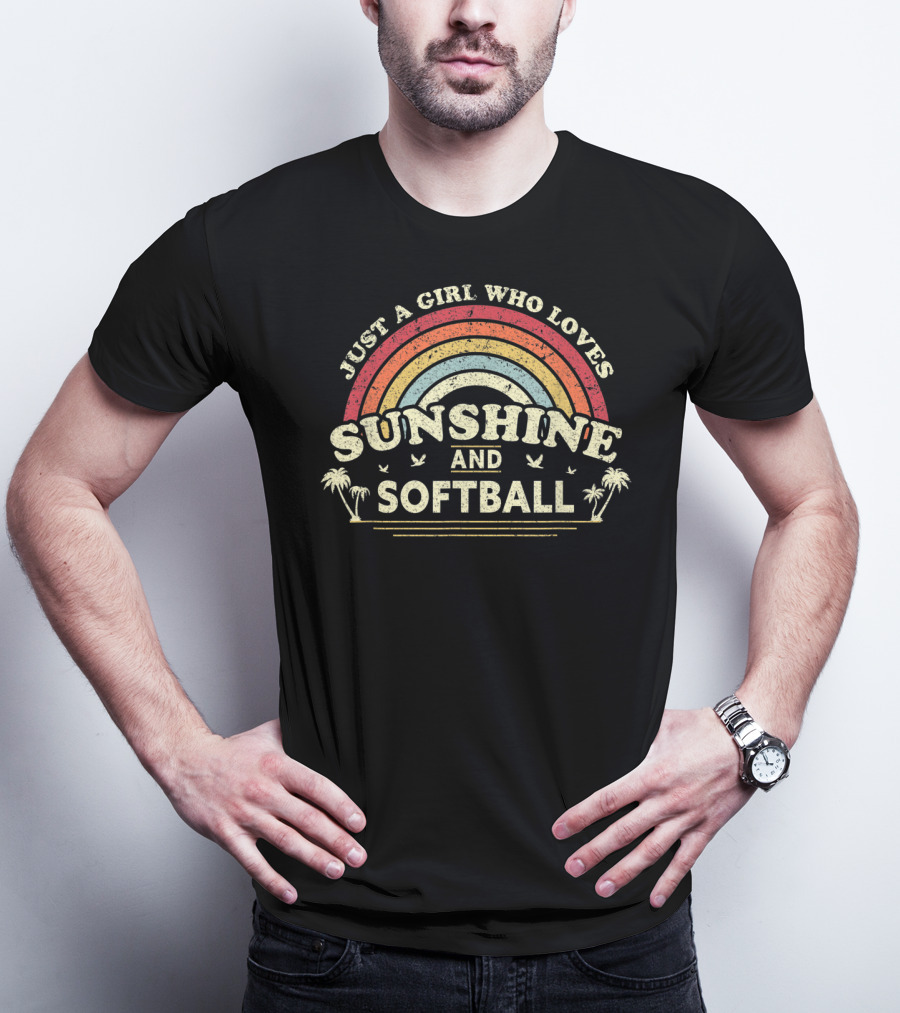Just A Girl Who Loves Sunshine And Softball Vintage Rainbow Palm Trees T-Shirt