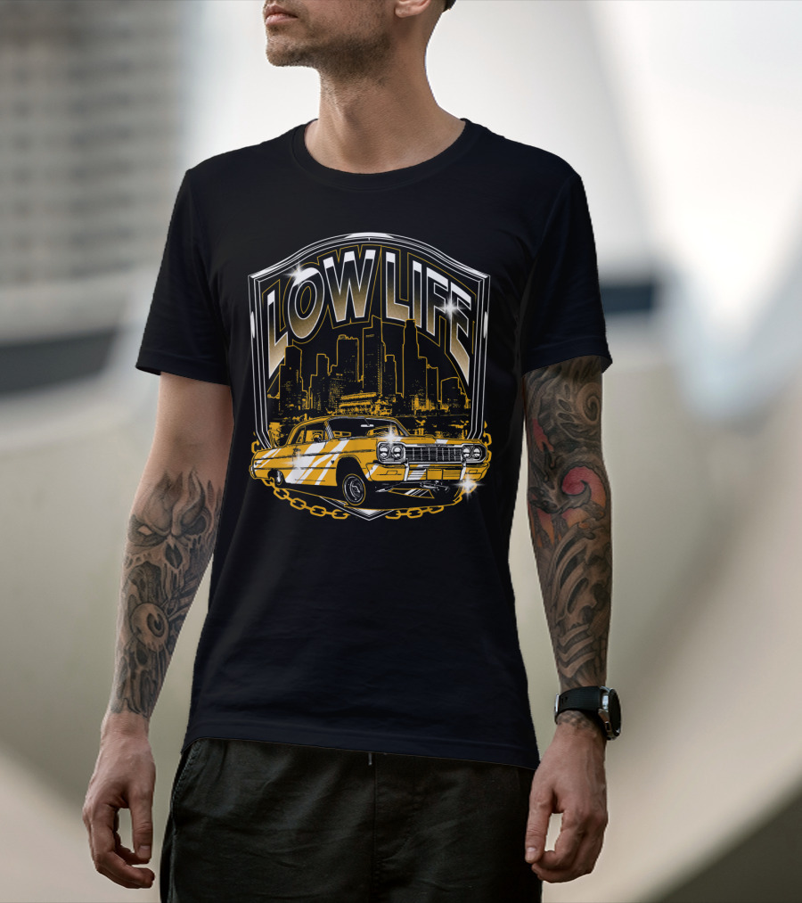 Lowrider Classic Car Low Life Skyline Scene T-Shirt