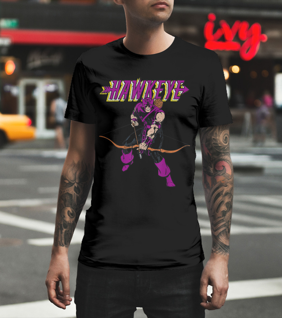Marvel Hawkeye Classic Purple Pose Drawing Bow And Arrow T-Shirt