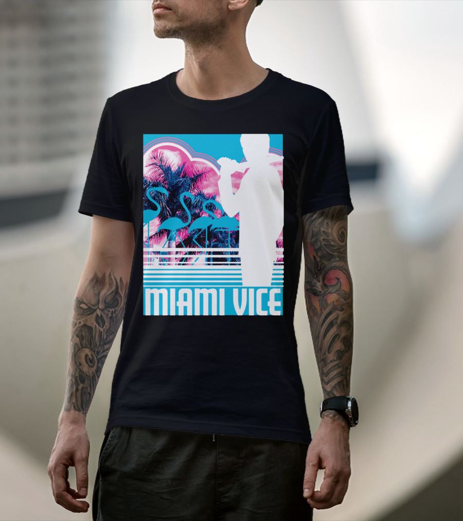Miami Vice Neon Flamingo Silhouette Tropical T-Shirt