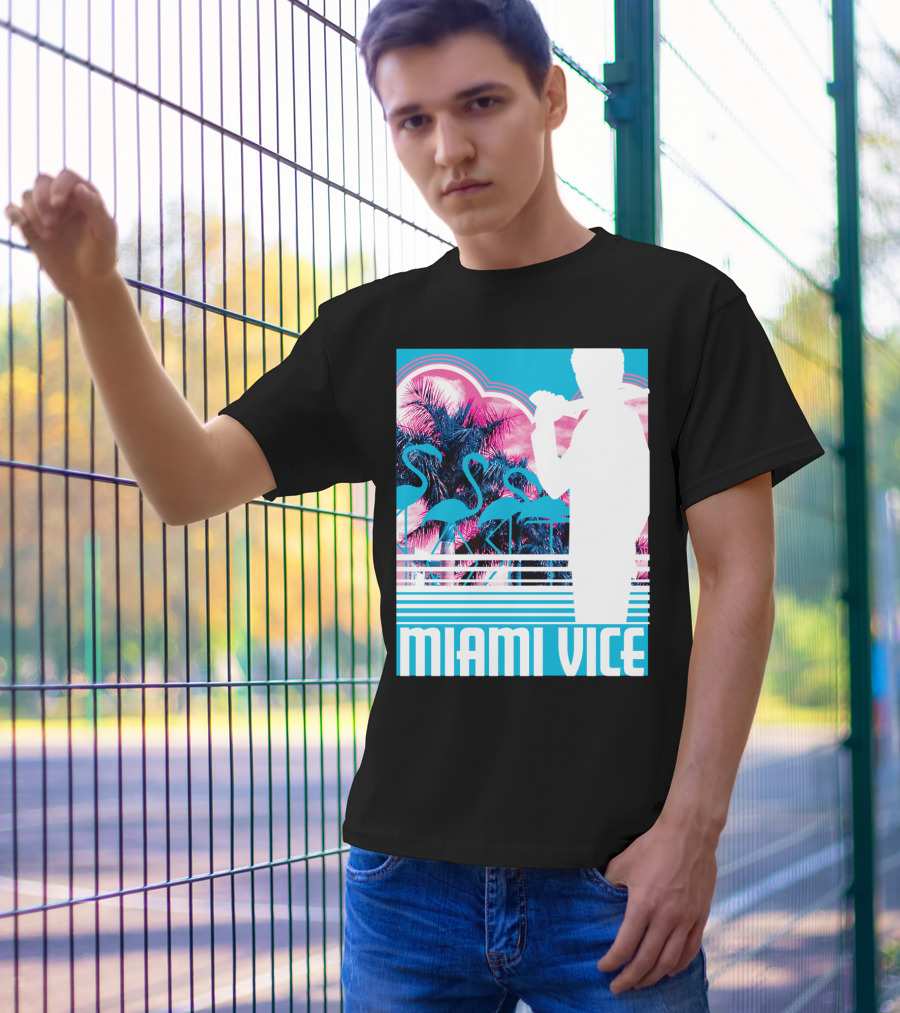 Miami Vice Neon Flamingo Silhouette Tropical T-Shirt