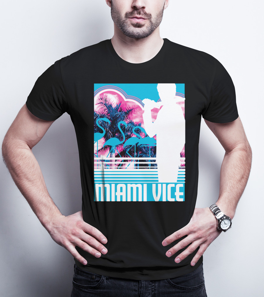 Miami Vice Neon Flamingo Silhouette Tropical T-Shirt