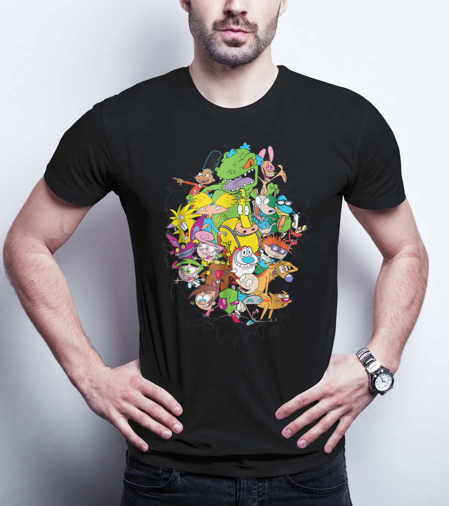 Nickelodeon Classic Characters Rugrats Hey Arnold Rocko's Modern Life Ren And Stimpy CatDog Fairly OddParents All Real Monsters Explosion T-Shirt