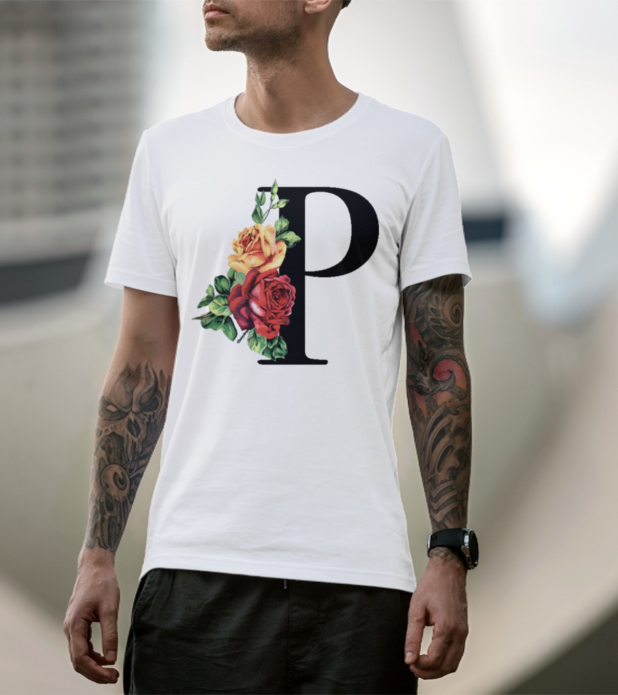 Initial Rose Floral Monogram Letter P With Red And Yellow Roses T-Shirt