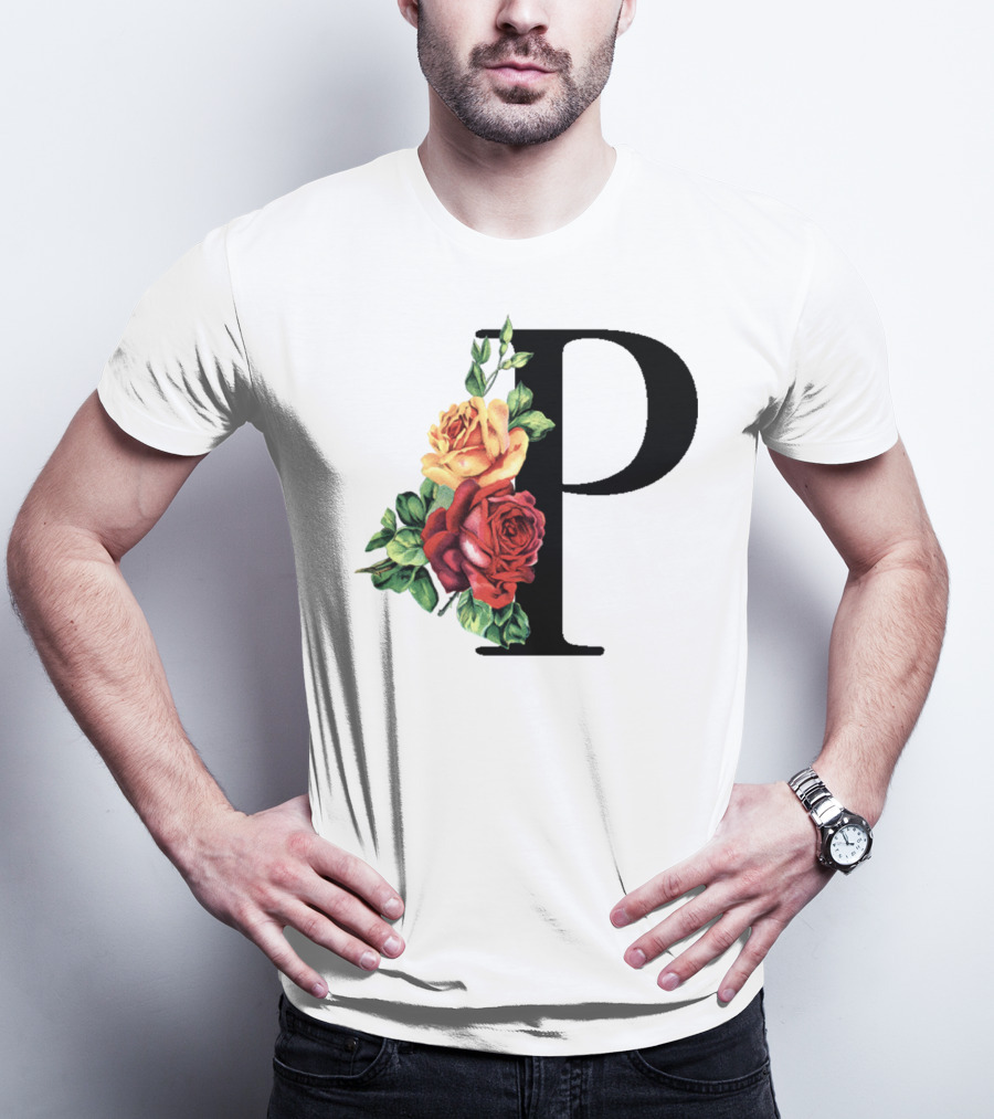 Initial Rose Floral Monogram Letter P With Red And Yellow Roses T-Shirt