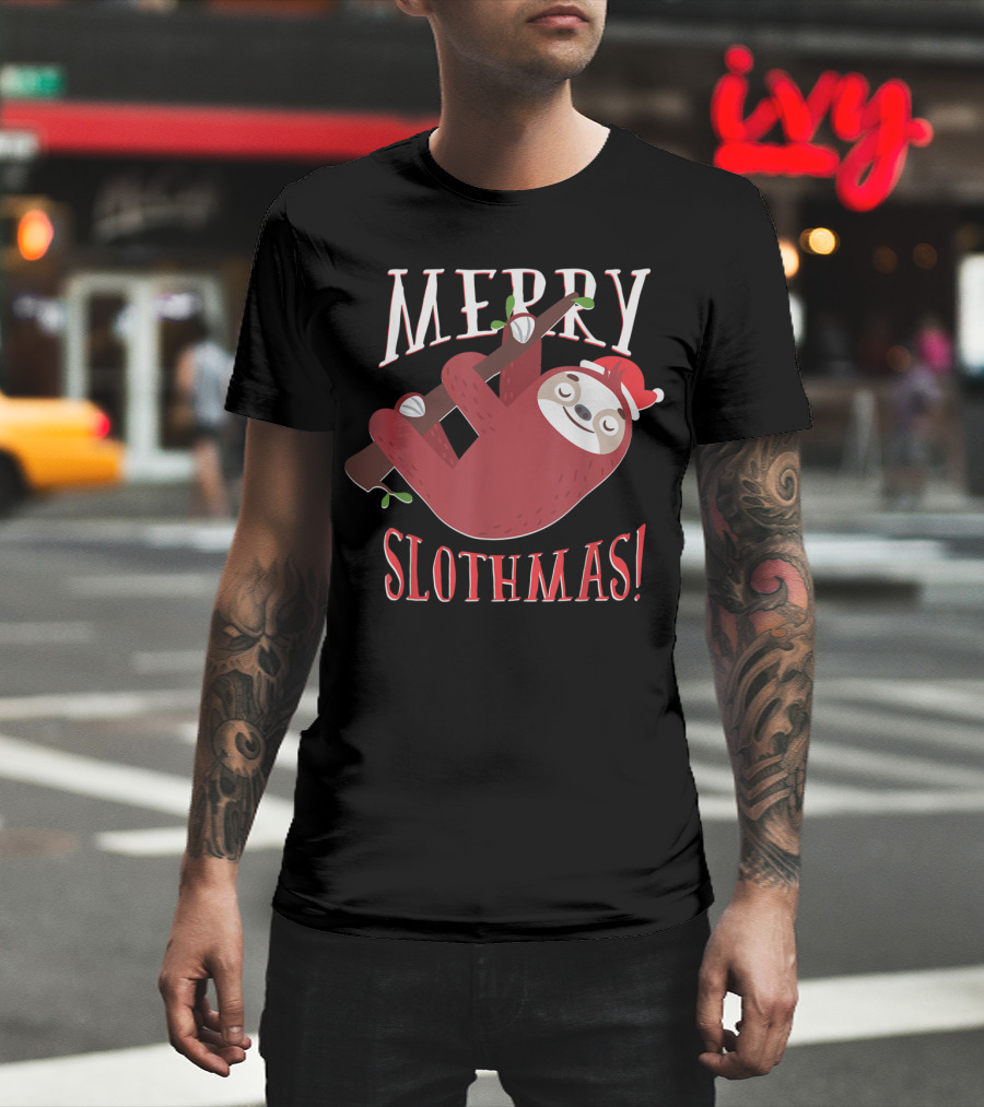 Merry Slothmas Santa Hat Sloth Holiday Greeting T-Shirt