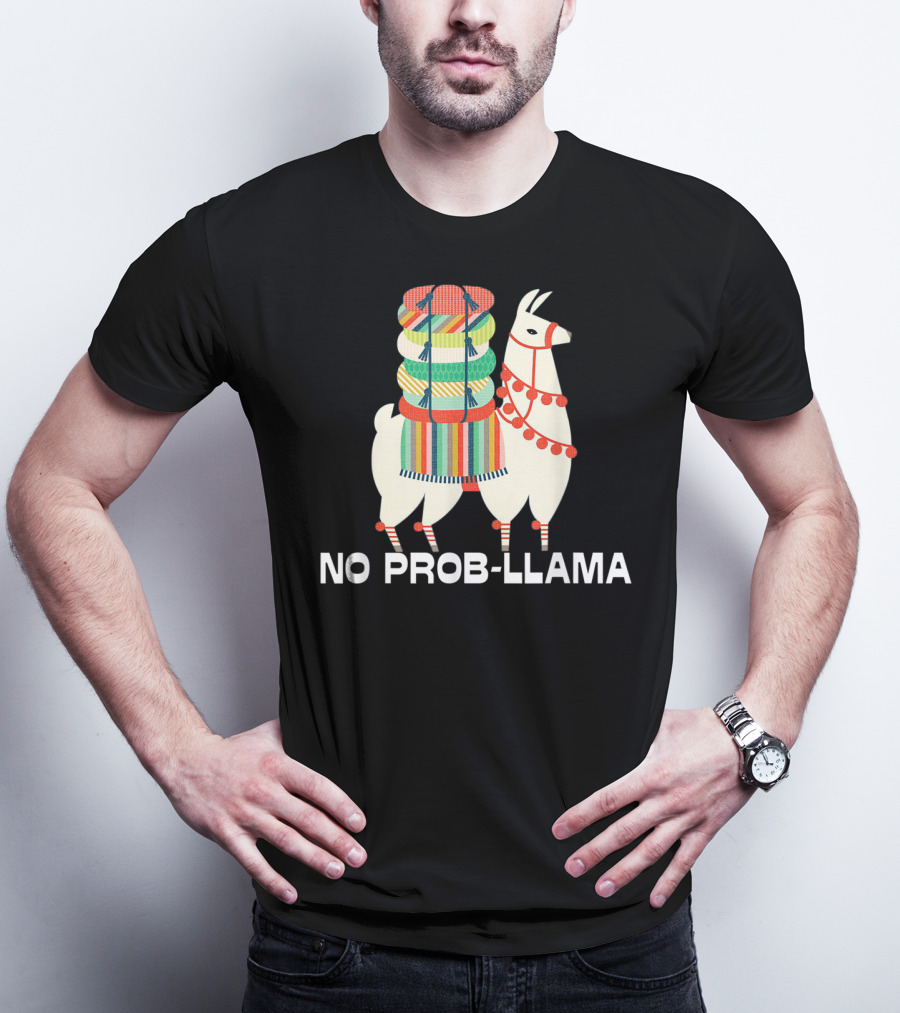 No Prob-Llama Cute Llama Alpaca Lover With Colorful Blanket T-Shirt