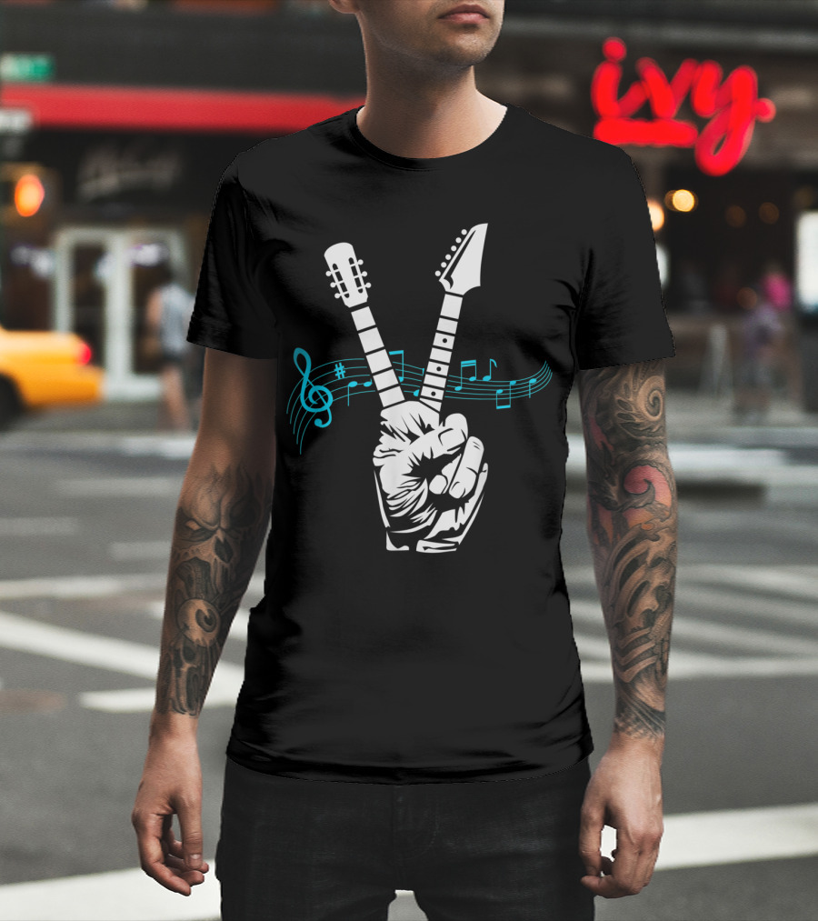 Peace Sign Guitar Neck Fingers And Musical Notes T-Shirt
