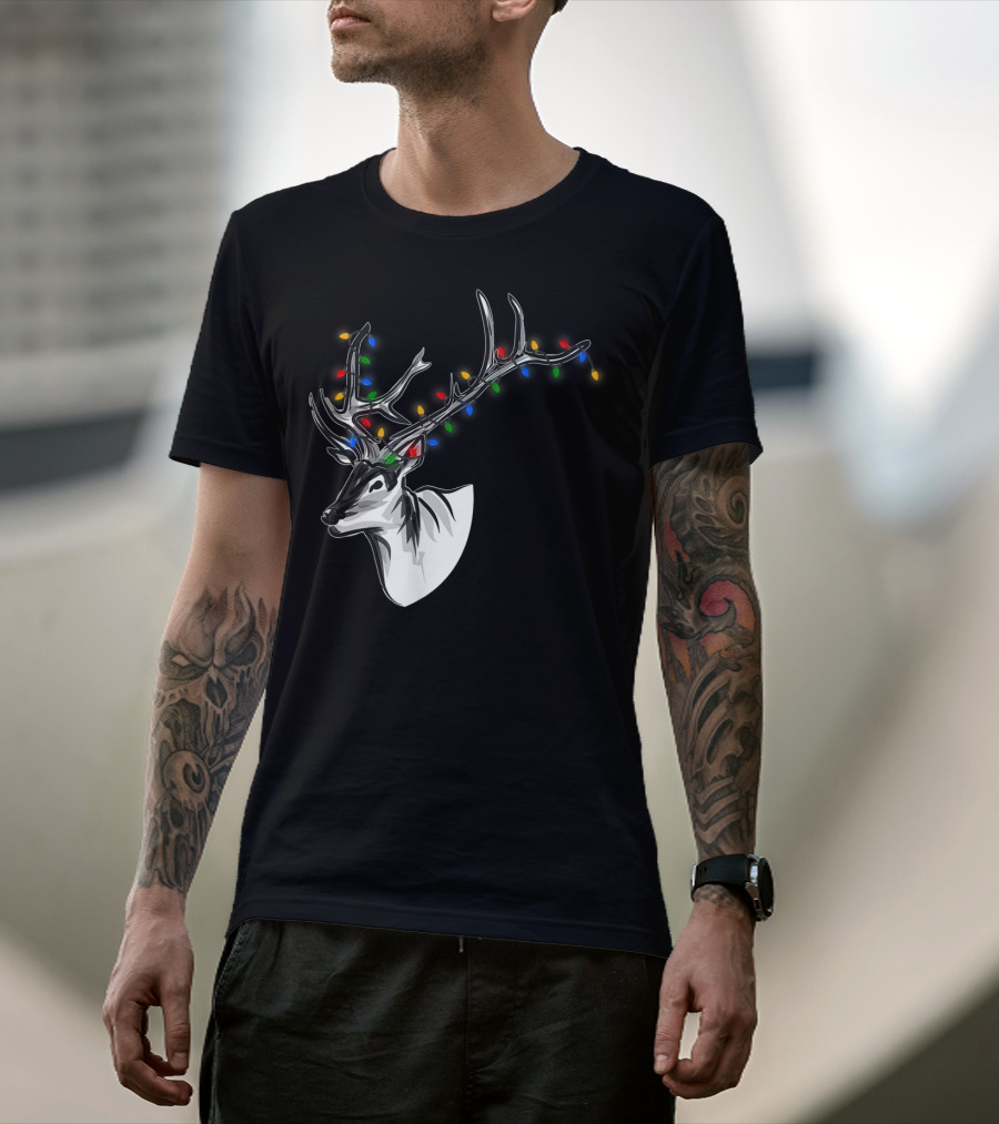 Reindeer With Colorful Christmas Lights On Antlers Funny Animal T-Shirt