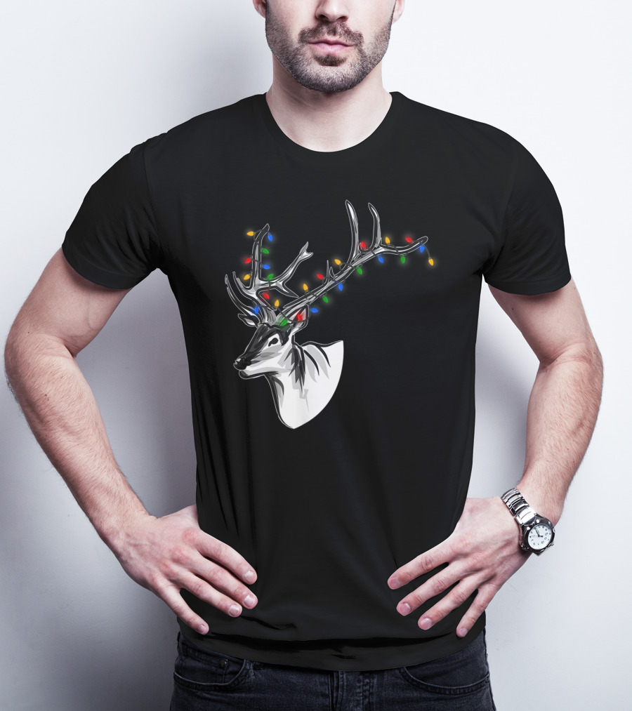 Reindeer With Colorful Christmas Lights On Antlers Funny Animal T-Shirt