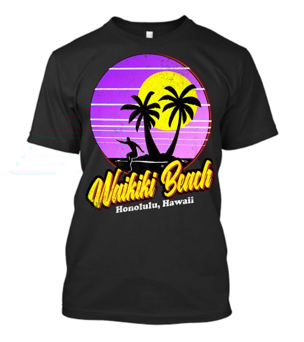 Waikiki Beach Honolulu Hawaii Retro Surfer Vintage 80's Sunset Palms T-Shirt