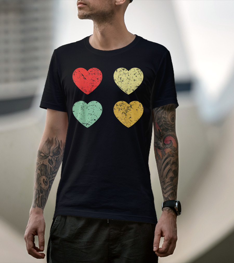 Retro Vintage Hearts Valentines Day Four Colorful Grunge Hearts T-Shirt