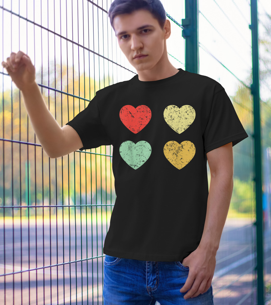 Retro Vintage Hearts Valentines Day Four Colorful Grunge Hearts T-Shirt