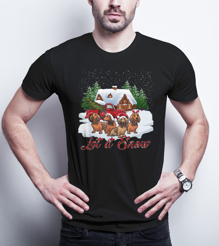 Santa Dachshund Let It Snow With Snowy Cabin And Red Truck T-Shirt