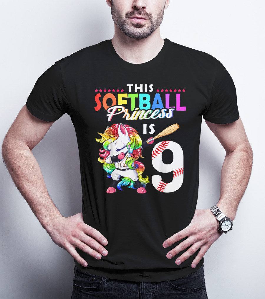 This Softball Princess Is 9 Unicorn Birthday Rainbow Bat T-Shirt