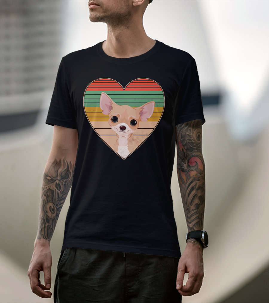 Vintage Chihuahua Heart Striped Retro Heart-Shaped T-Shirt