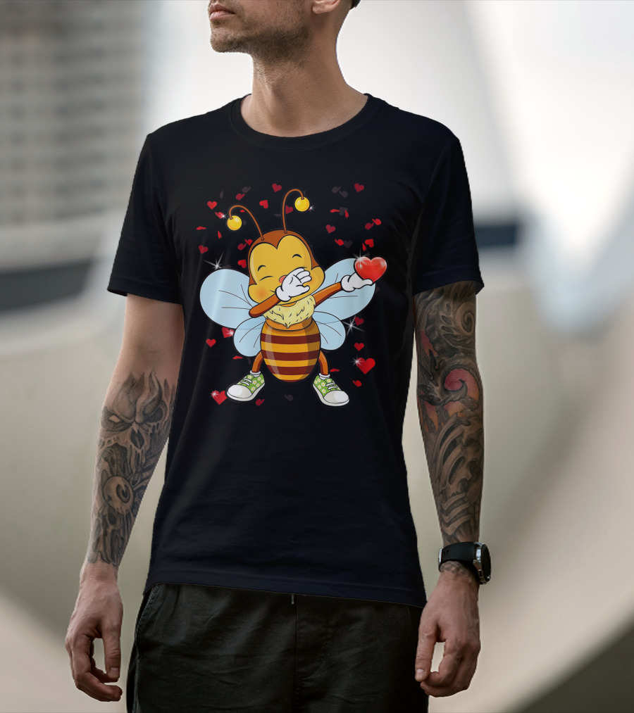 Valentine Bee Dabbing Holding Heart Surrounded By Hearts And Stars T-Shirt