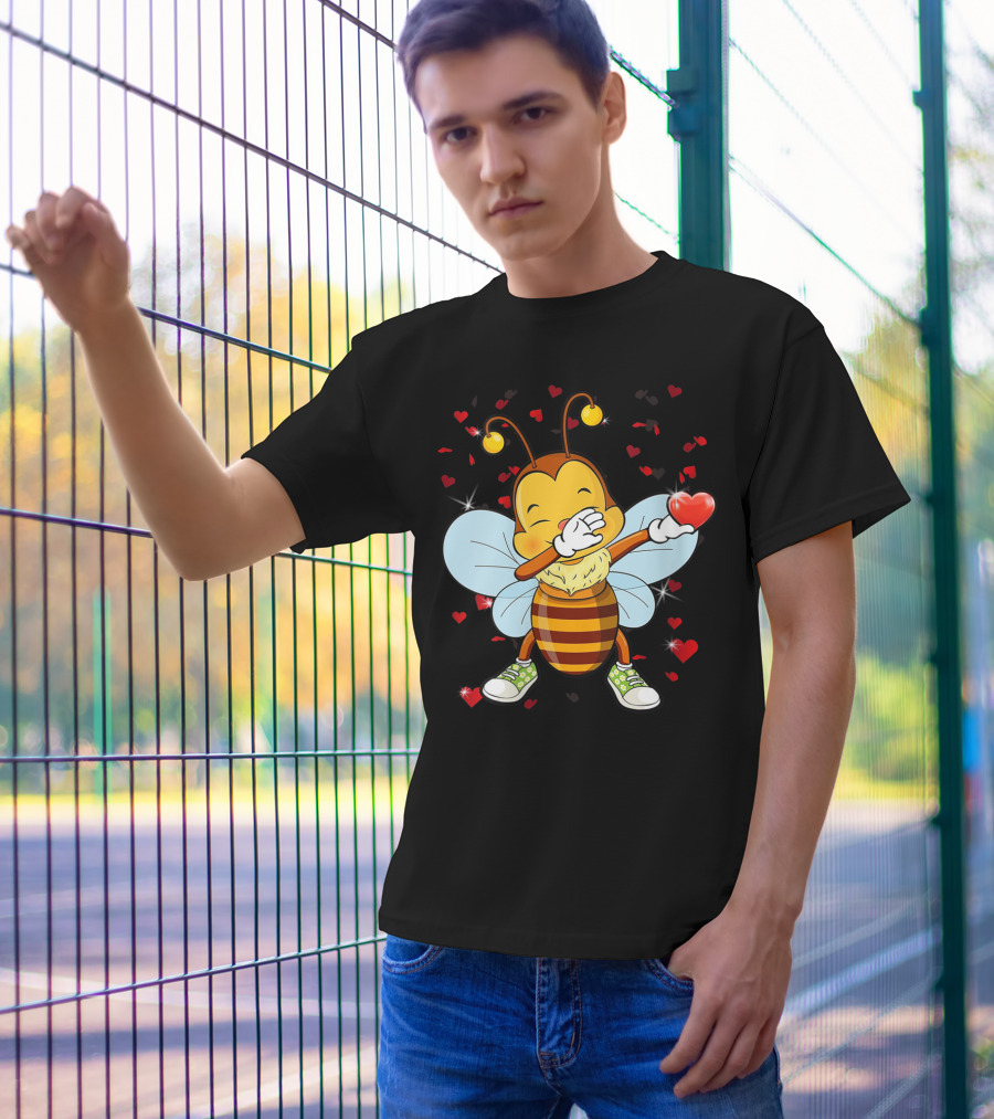 Valentine Bee Dabbing Holding Heart Surrounded By Hearts And Stars T-Shirt