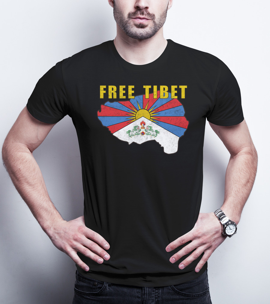 Free Tibet Flag With Sunrise Symbol Map T-Shirt