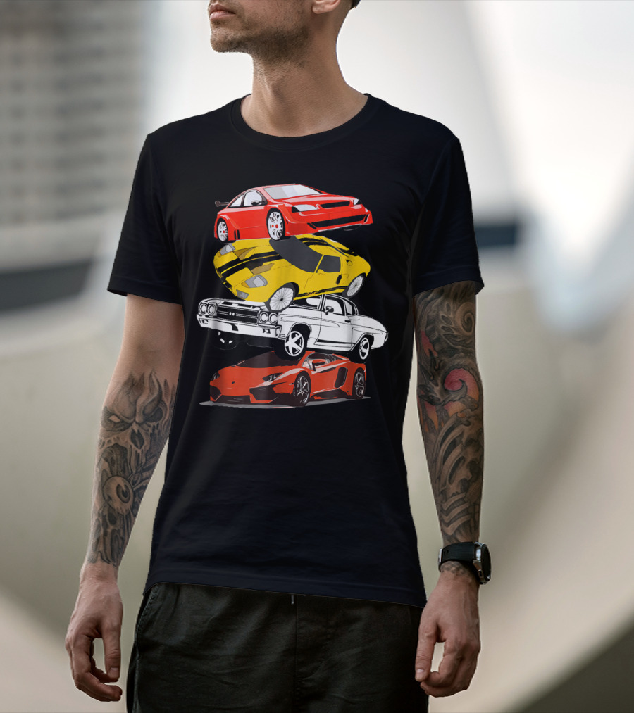 Funny Classic Cars Stacked Red Yellow Black White Racing Cars T-Shirt