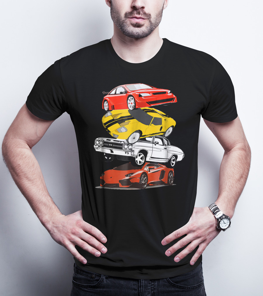 Funny Classic Cars Stacked Red Yellow Black White Racing Cars T-Shirt