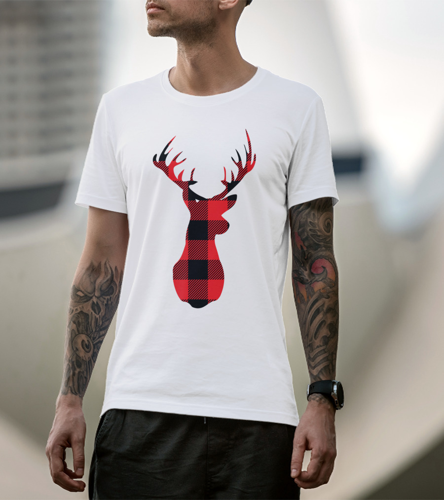 Buffalo Plaid Red Black Christmas Deer T-Shirt