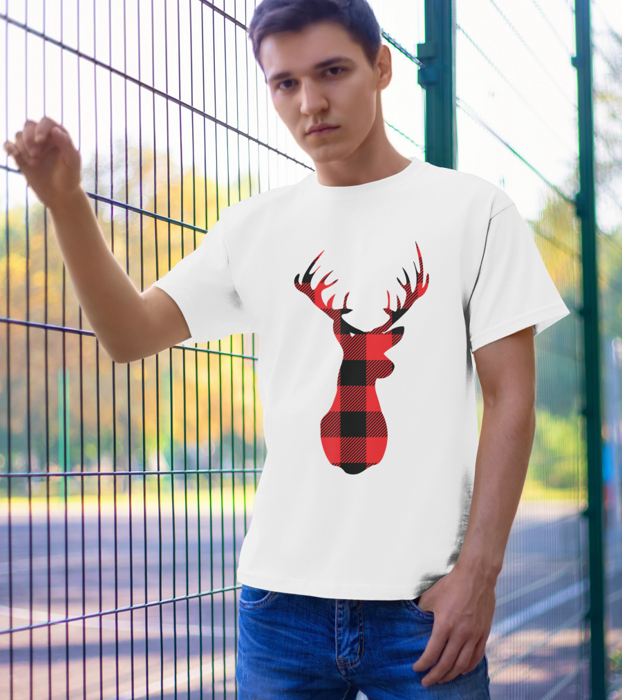 Buffalo Plaid Red Black Christmas Deer T-Shirt