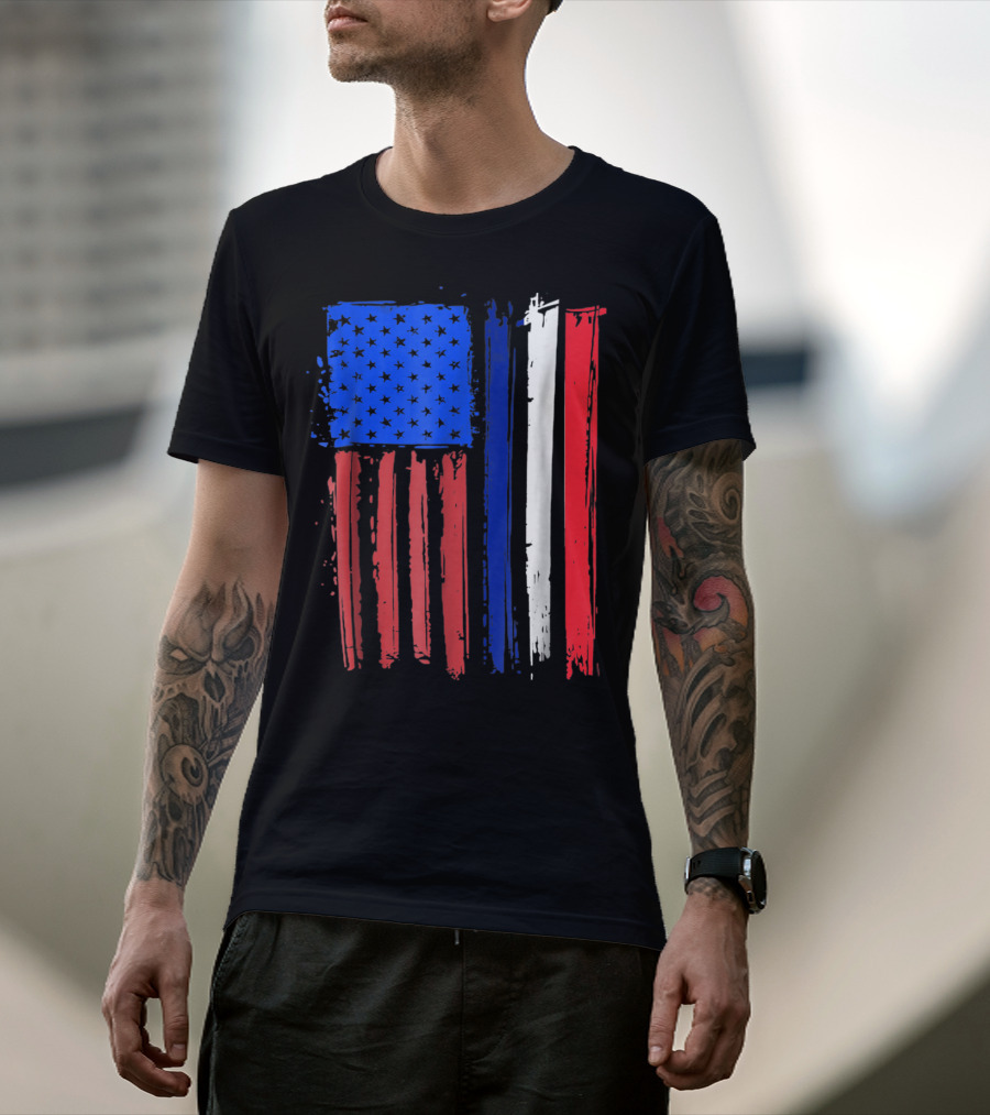 Half French American Flag Classic Patriot Stars And Stripes Paint T-Shirt