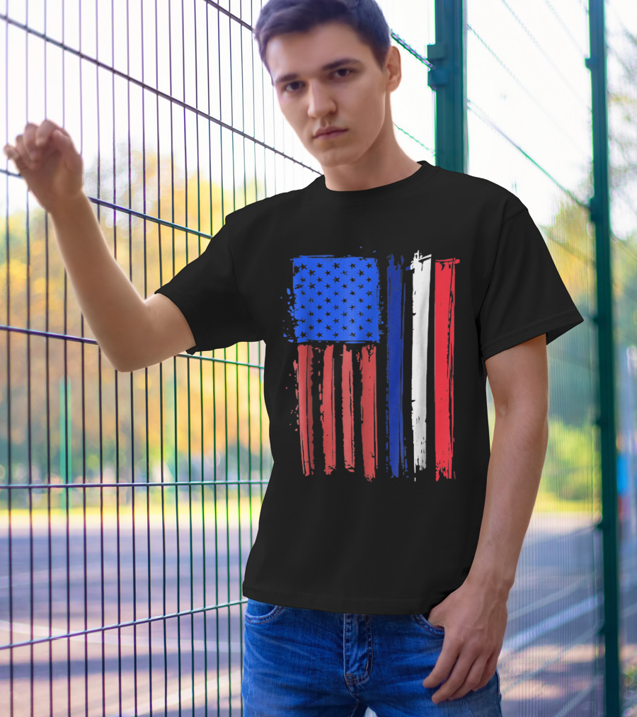 Half French American Flag Classic Patriot Stars And Stripes Paint T-Shirt