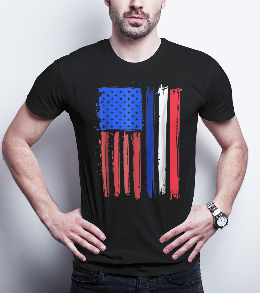 Half French American Flag Classic Patriot Stars And Stripes Paint T-Shirt