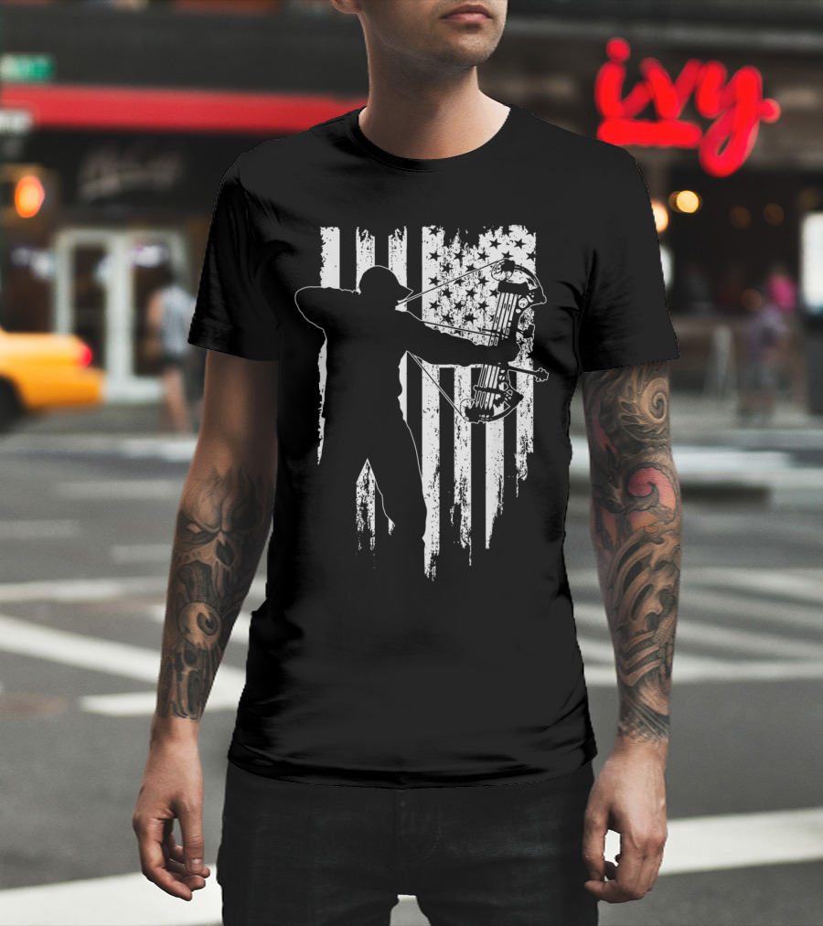 American Patriotic Archer Silhouette With Compound Bow And Flag T-Shirt