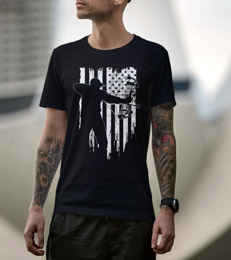 American Patriotic Archer Silhouette With Compound Bow And Flag T-Shirt