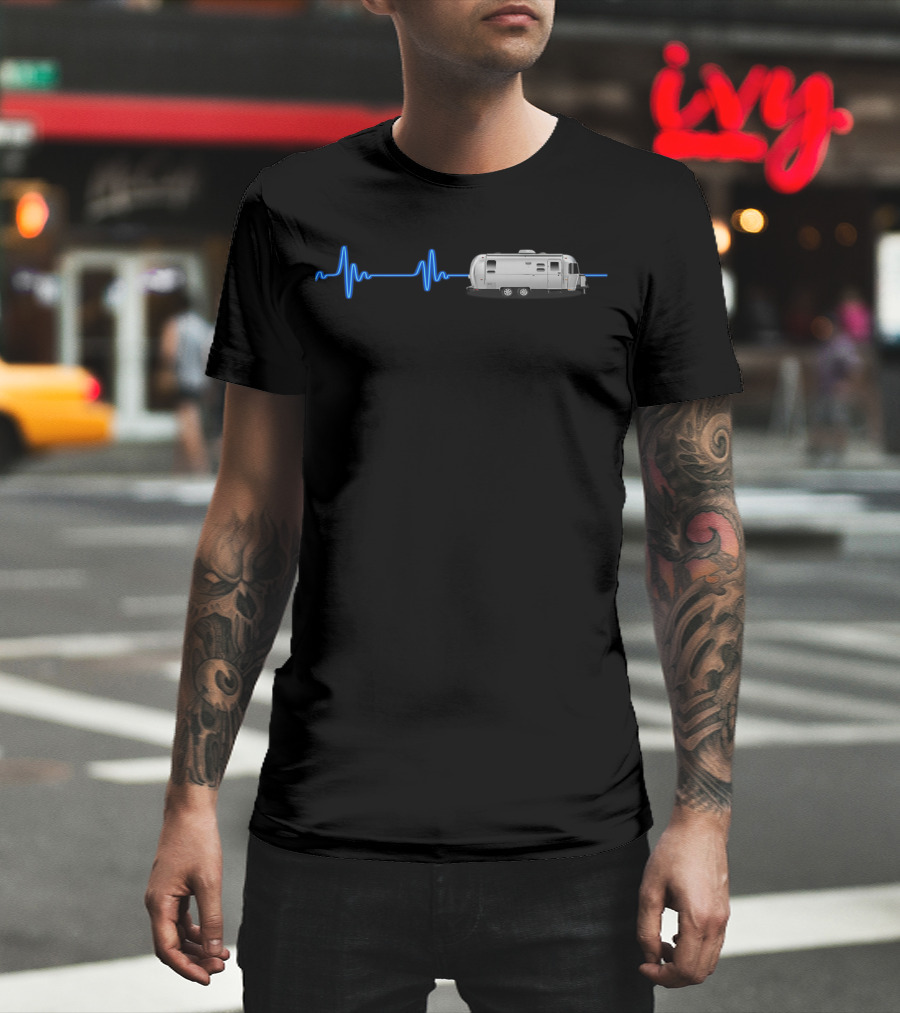 Airstream With Blue Neon Heartbeat T-Shirt