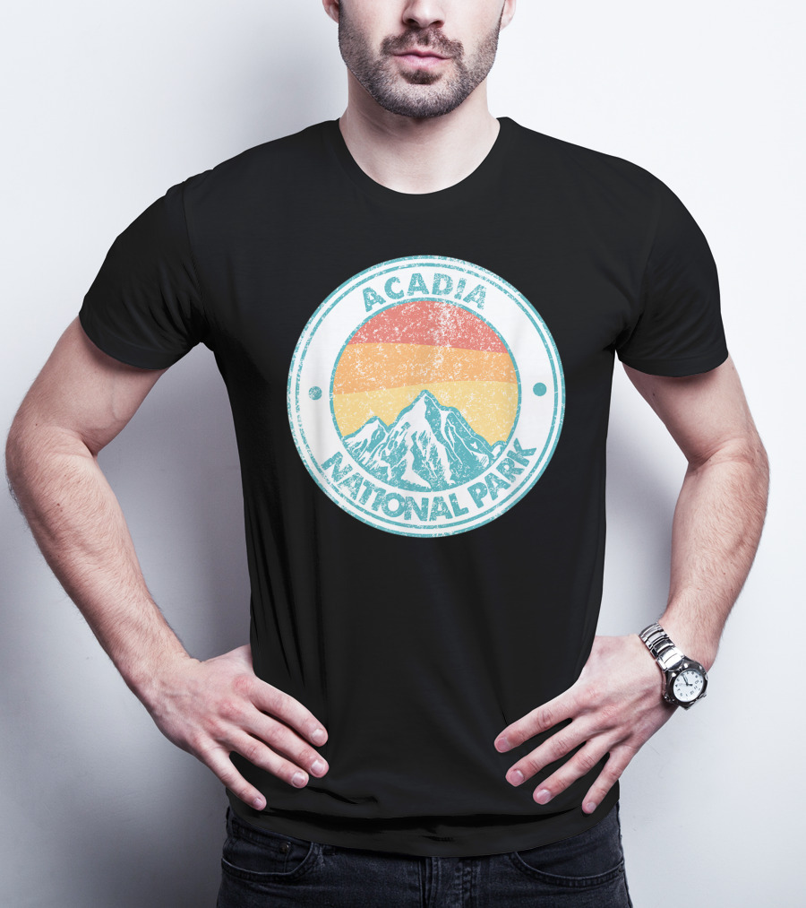 Acadia National Park Vintage Mountain Sunset Circle Badge T-Shirt