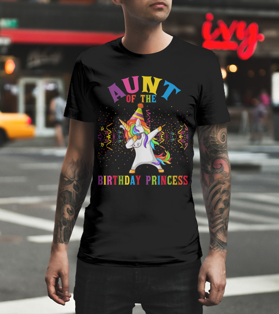 Aunt Of The Birthday Princess Dabbing Unicorn With Party Hat T-Shirt