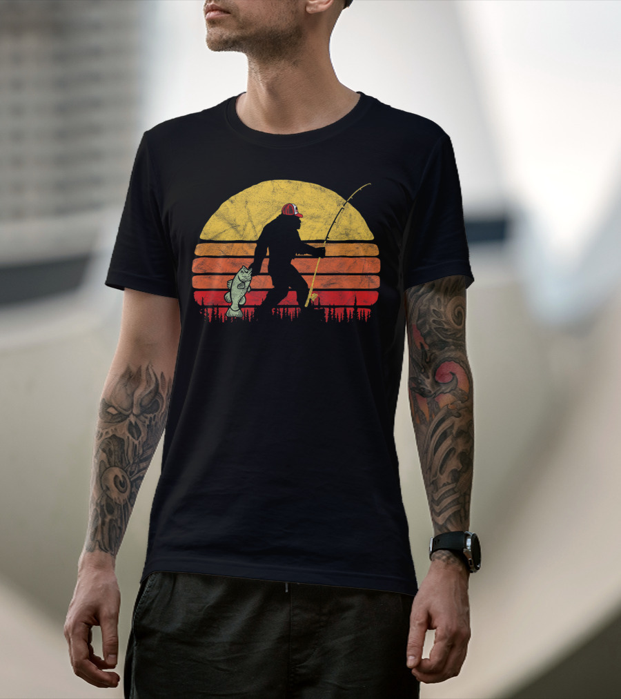 Bigfoot Bass Fishing Legend In Trucker Hat With Sunset T-Shirt