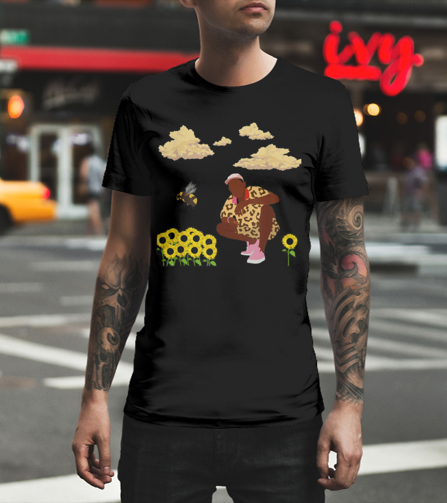 Bee Sunflower Boy With Clouds And Leopard T-Shirt