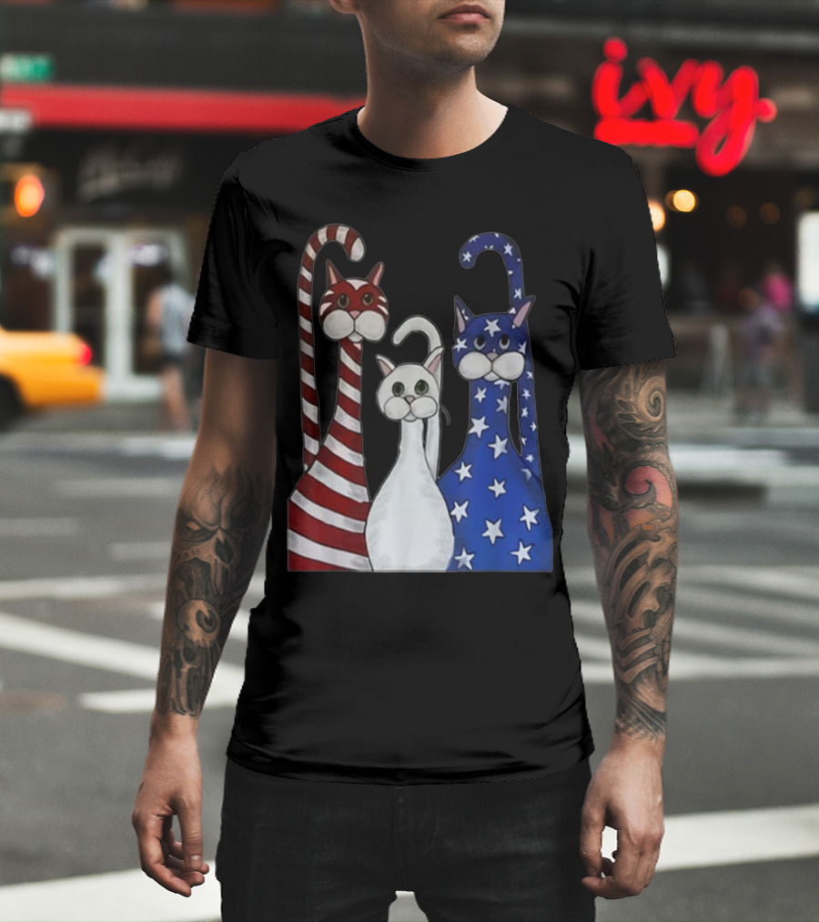 Cat American Flag USA Paws Patriotic Red White Blue Stars Stripes T-Shirt
