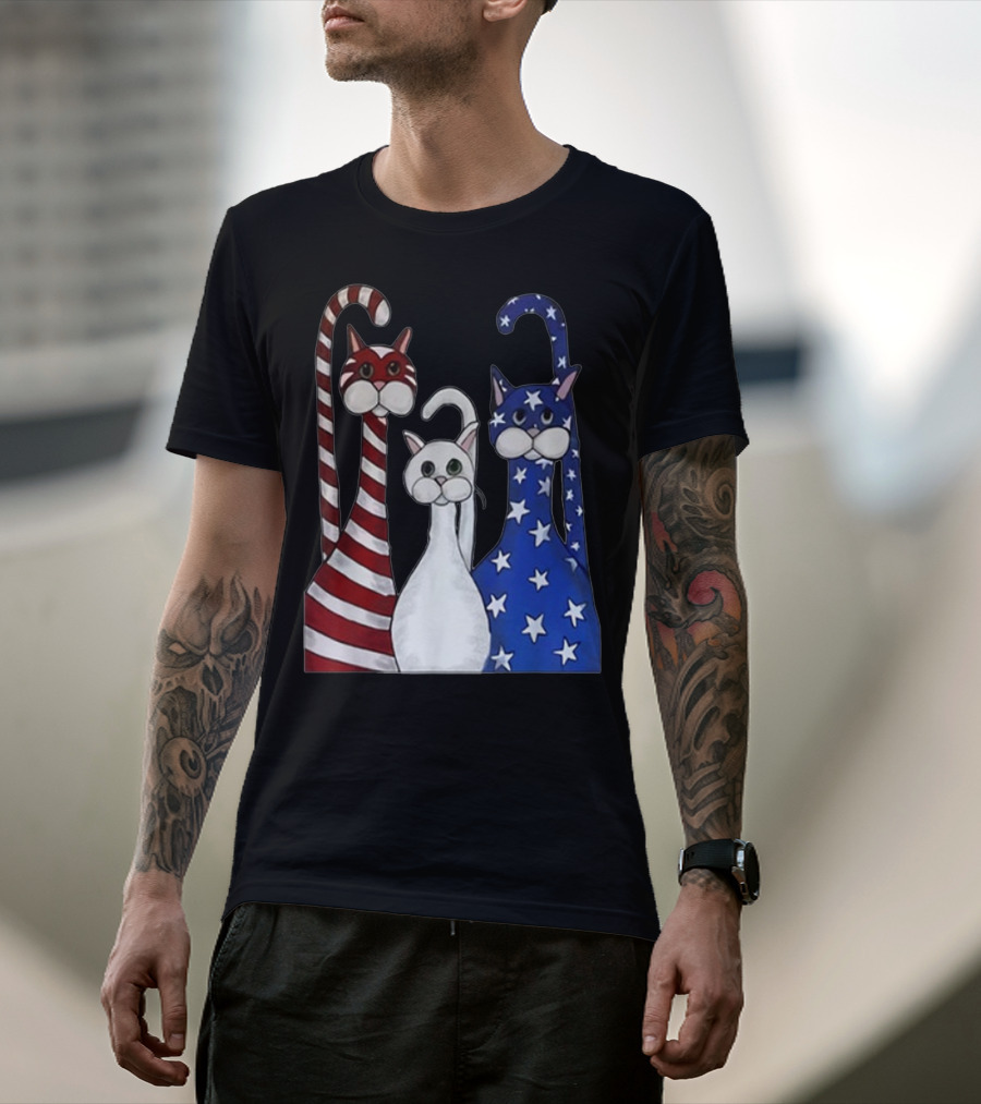 Cat American Flag USA Paws Patriotic Red White Blue Stars Stripes T-Shirt