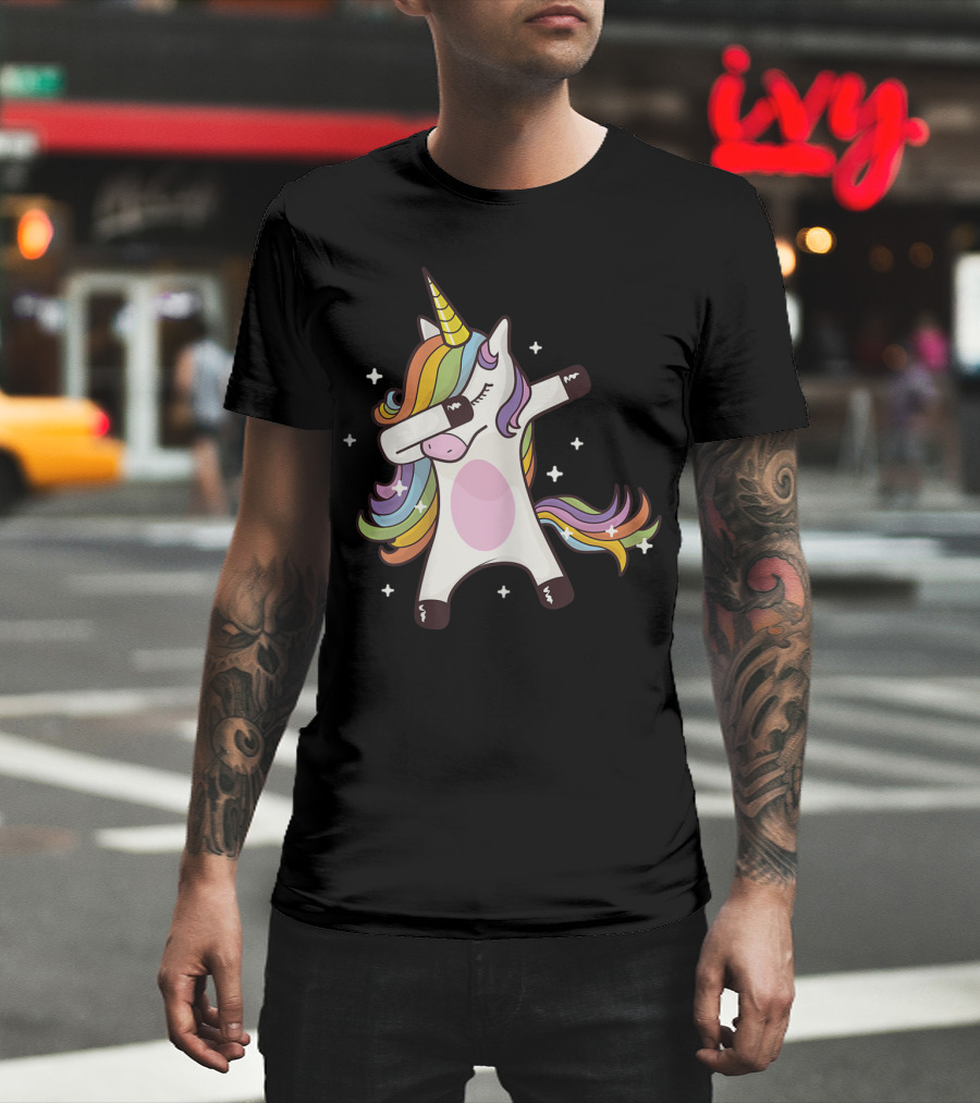 Dabbing Rainbow Unicorn With Stars T-Shirt
