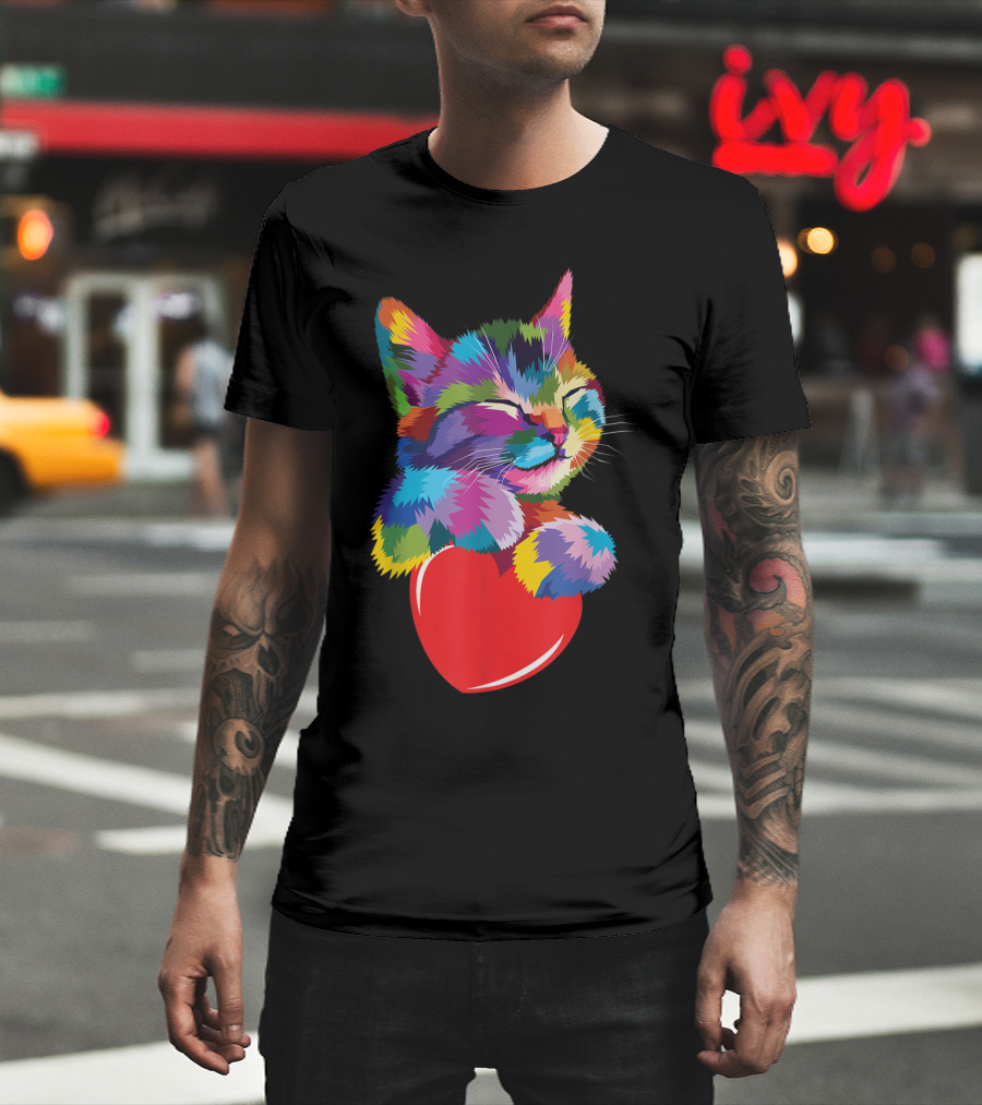 Cat For Kitten Lovers Colorful Cute Kitty Heart T-Shirt