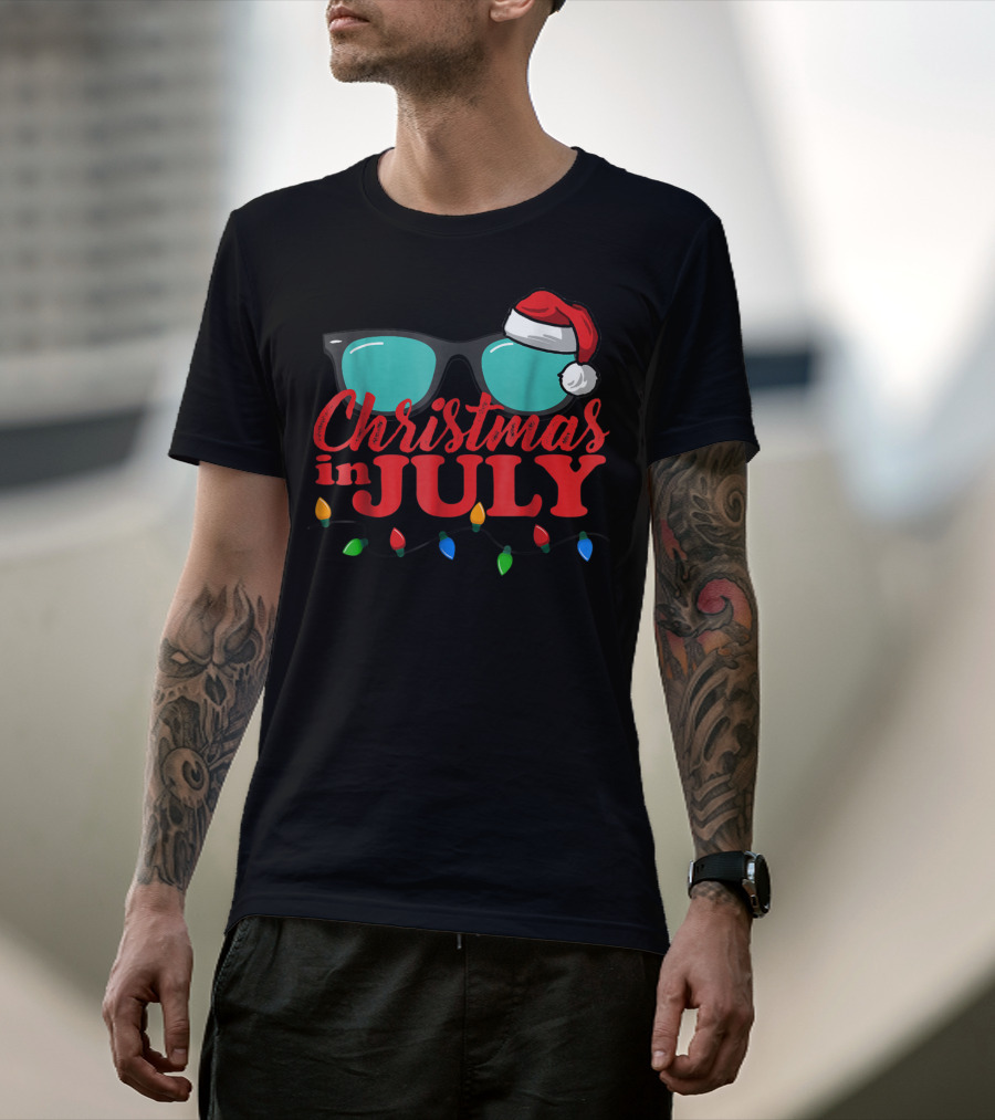 Christmas In July Santa Hat Sunglasses Summer Lights T-Shirt