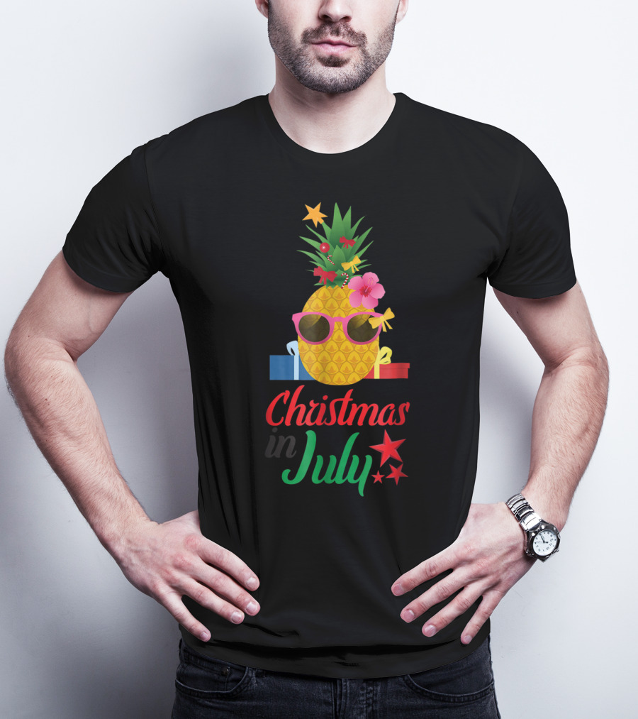Christmas In July Pineapple Summer With Sunglasses And Gifts T-Shirt